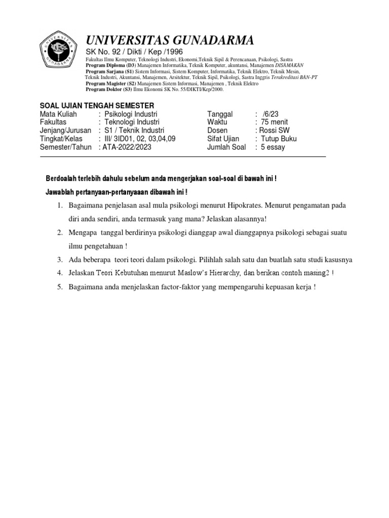ATA 2022-2023 UTS Psikologi Industri | PDF
