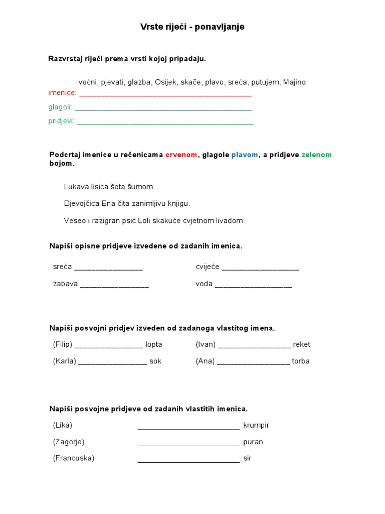 Imenice, Glagoli, Pridjevi - Ponavljanje | PDF