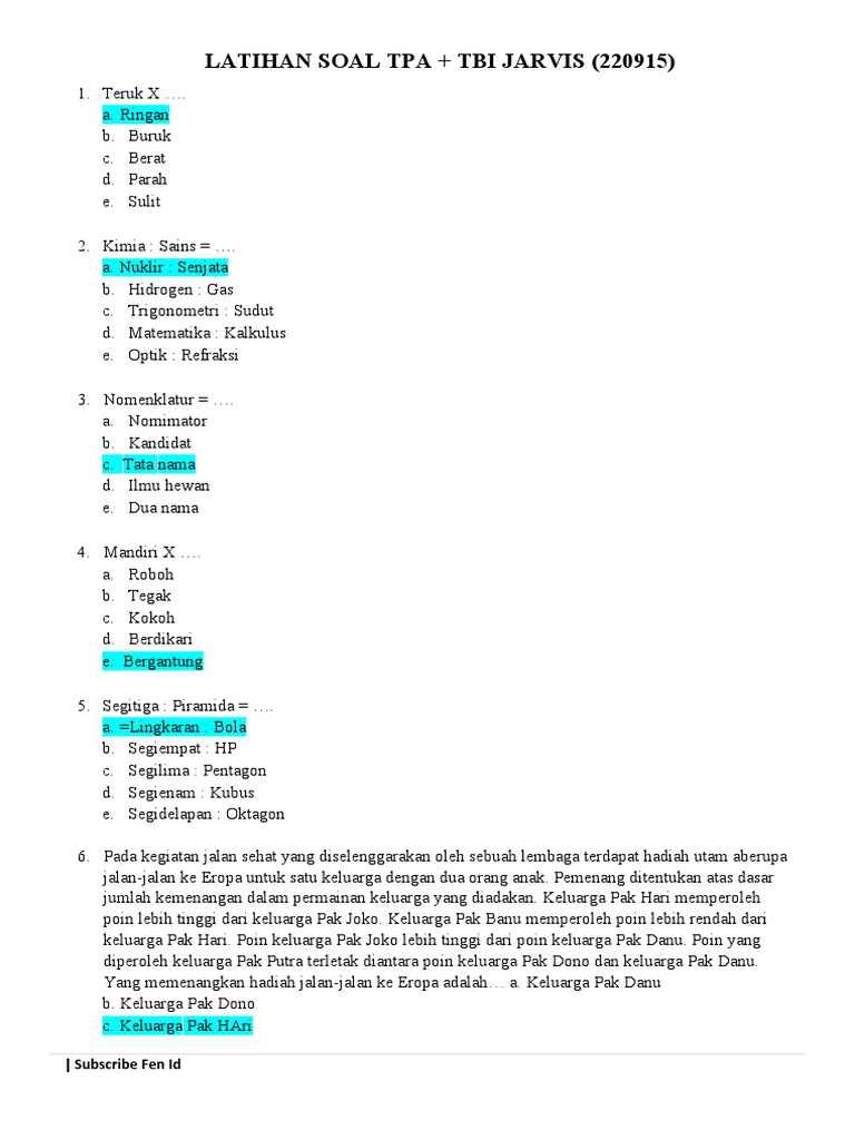 Bila Latihan Soal TPA TBI Jarvis PDF | PDF