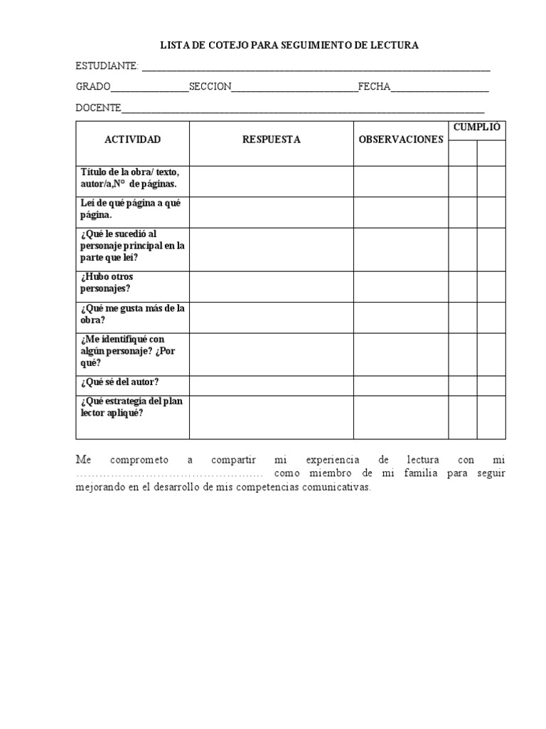 Lista de Cotejo para Seguimiento de Lectura | PDF