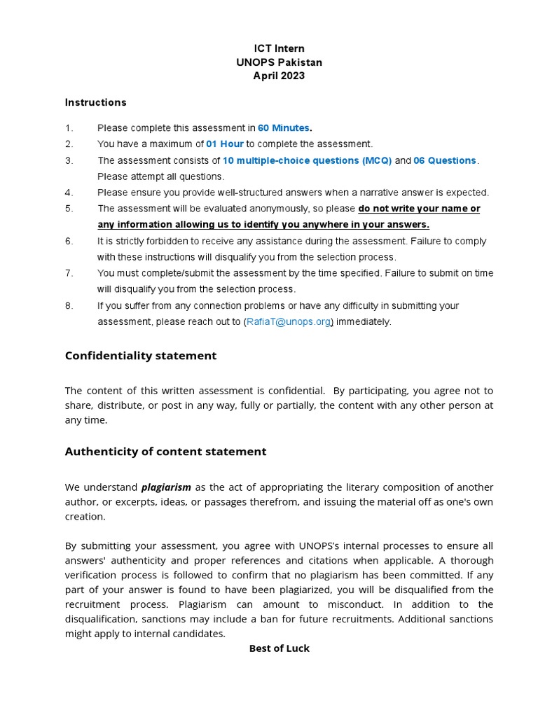 Written Technical Assessments For ICT Intern UNOPS Pakistan | PDF