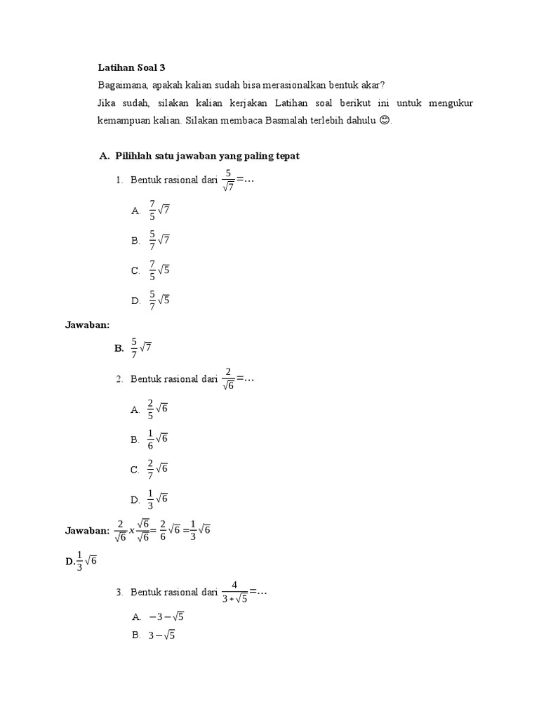 Latihan Soal 3 - Merasionalkan Bentuk Akar | PDF
