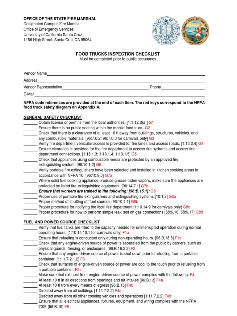 Food Truck Inspection Checklist | PDF