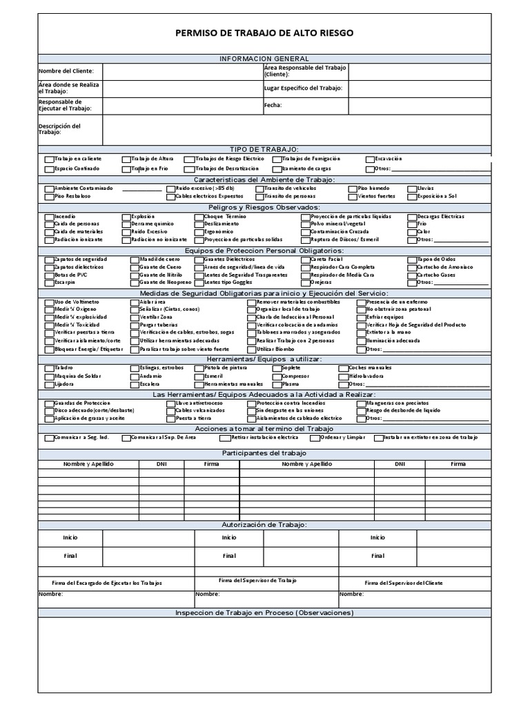 Formato - Permiso de Trabajo Alto Riesgo | PDF