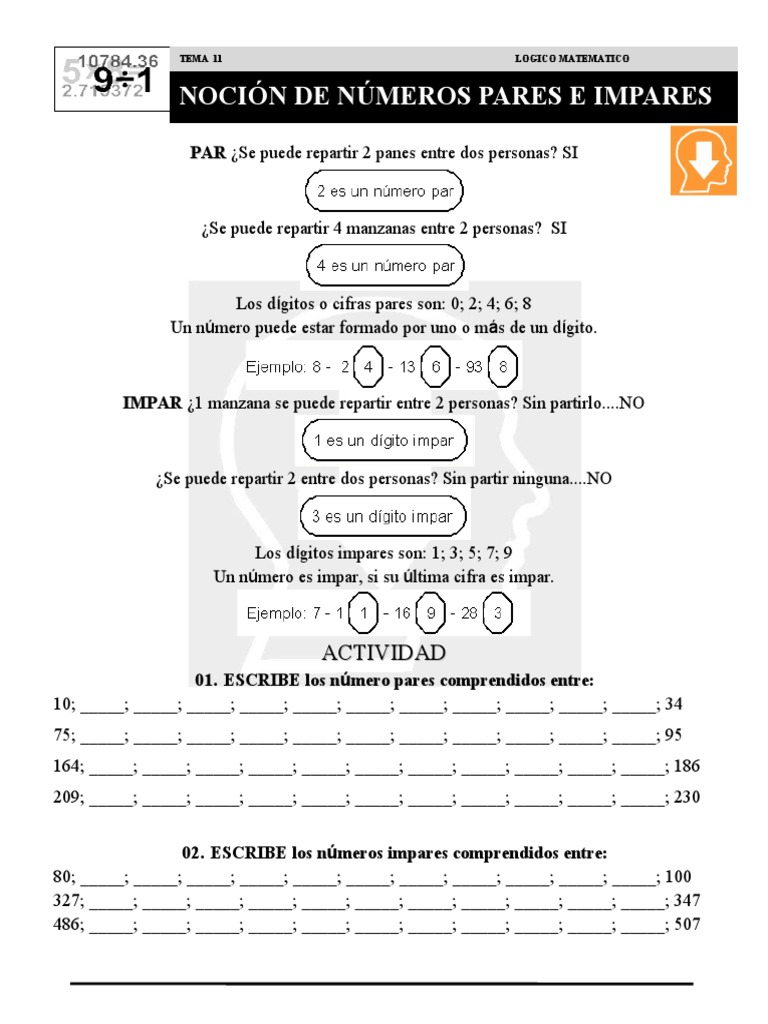 Números Pares e Impares: Actividades | PDF