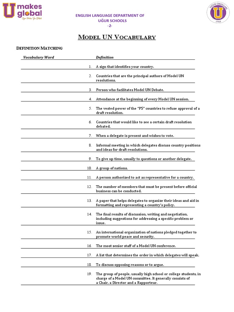 Worksheet 2 - Model UN Vocabulary Definition Matching | PDF