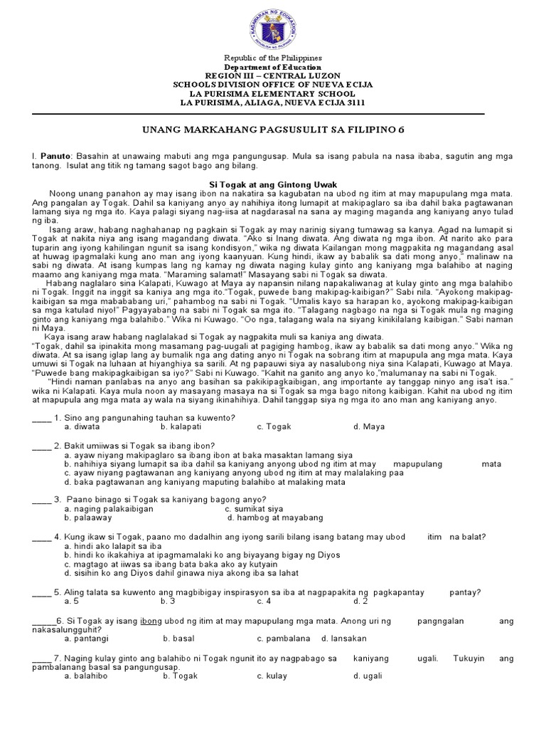 1st Periodical Test FILIPINO 6 | PDF