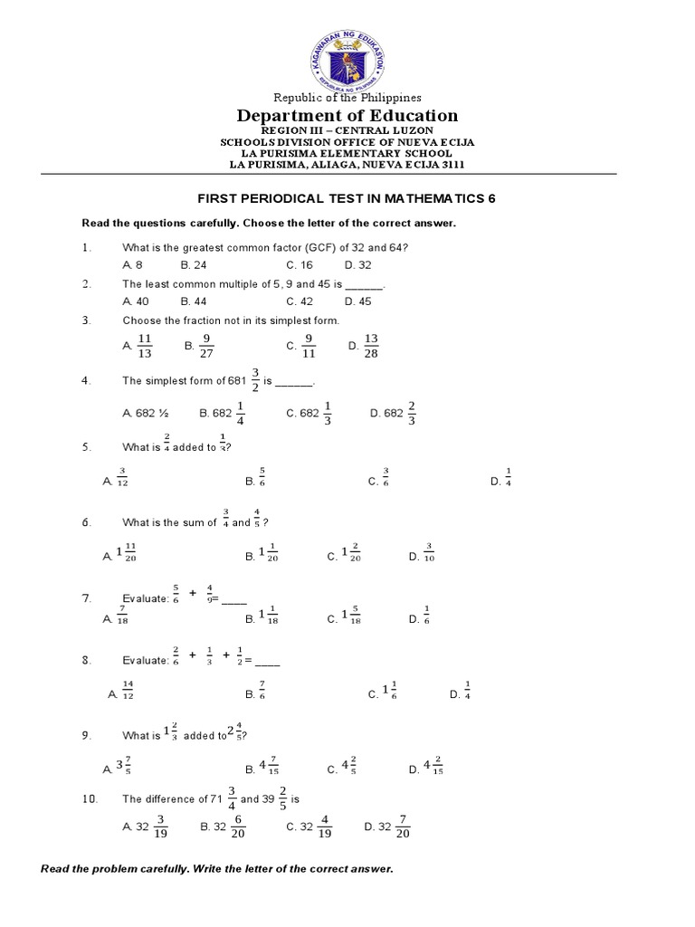 1st Periodical Test MATH 6 | PDF