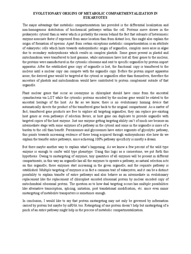 Origins of Eukaryotic Metabolic Compartmentalization | PDF