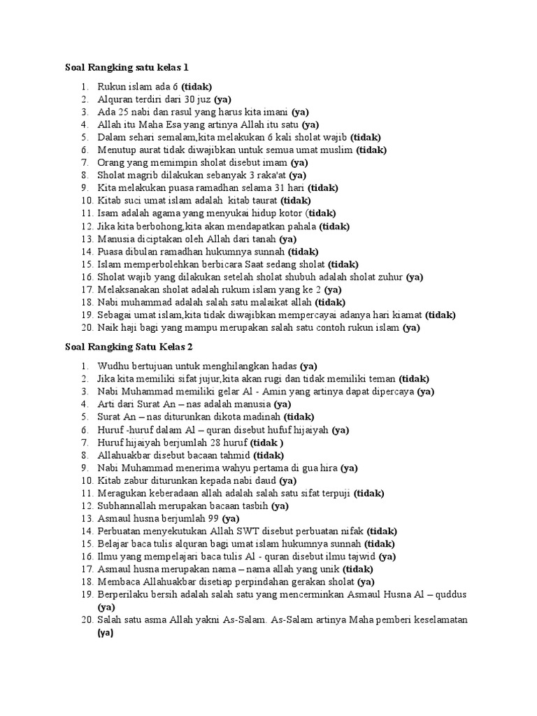 Soal Rangking Satu Kelas 1 | PDF