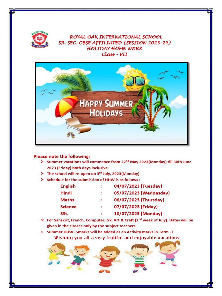 Holiday Homework Class VII (23-24) | PDF