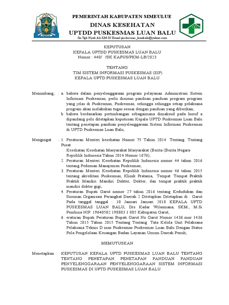 SK Tim Sistem Informasi Puskesmas 2023 | PDF