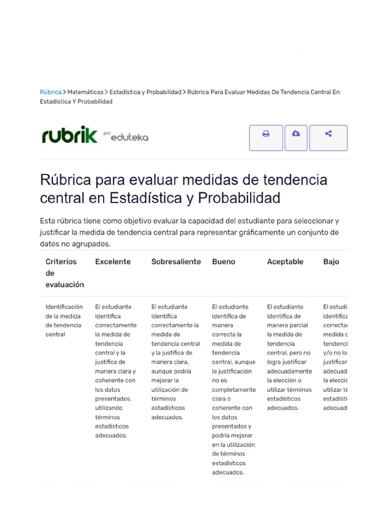 Rúbrica Para Evaluar Medidas De Tendencia Central En Estadística Y Probabilidad | PDF