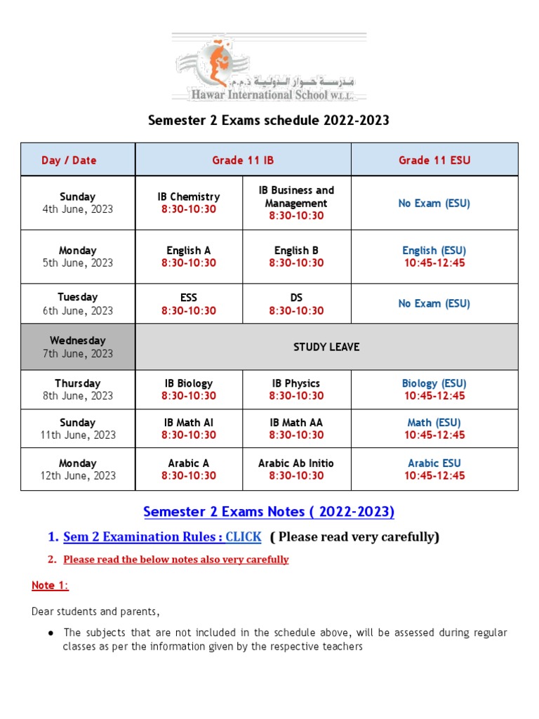 Grade 11 - Sem 2 Exams Schedule 2022-2023 | PDF