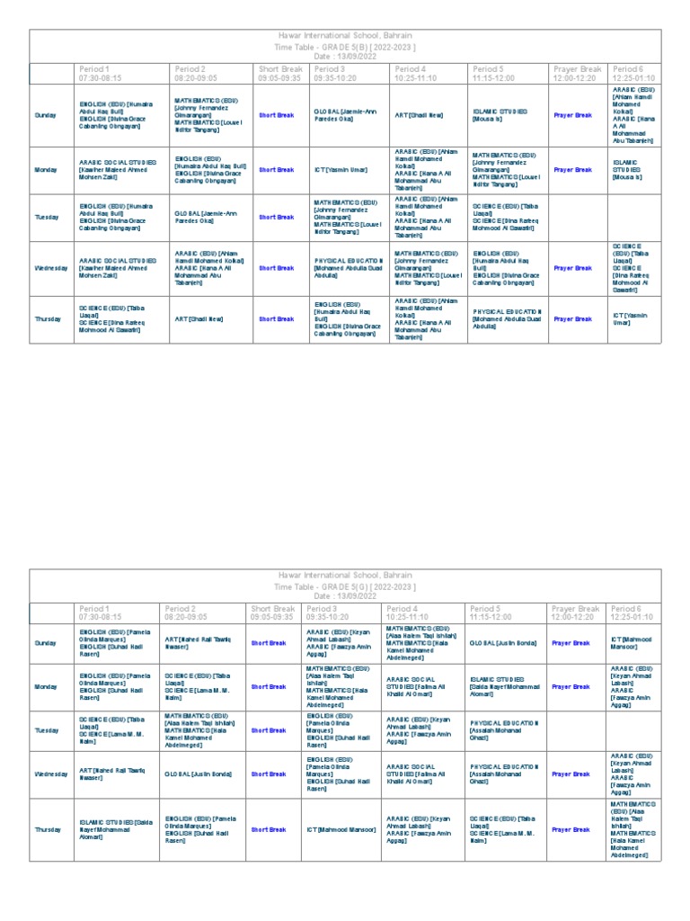 Grade 5-12 Class Timetable | PDF