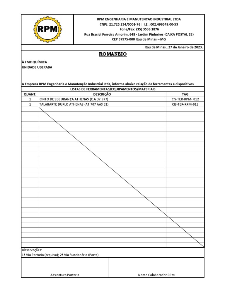 Romaneio FMC 27.01 | PDF