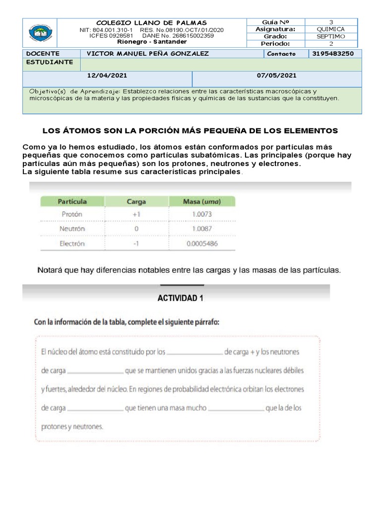 Guia De Quimica Septimo 3 Pdf átomos Química
