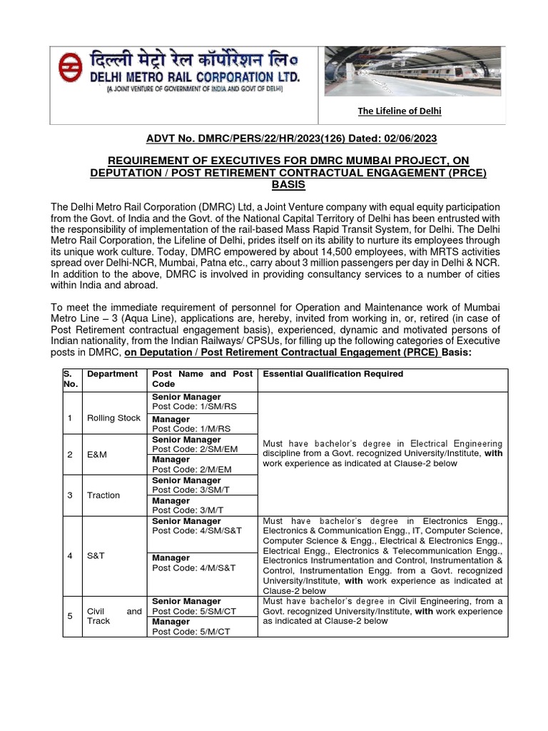 Requirement_of_Executives_for_DMRC_Mumbai_Project_on_Deputation_PRCE | PDF