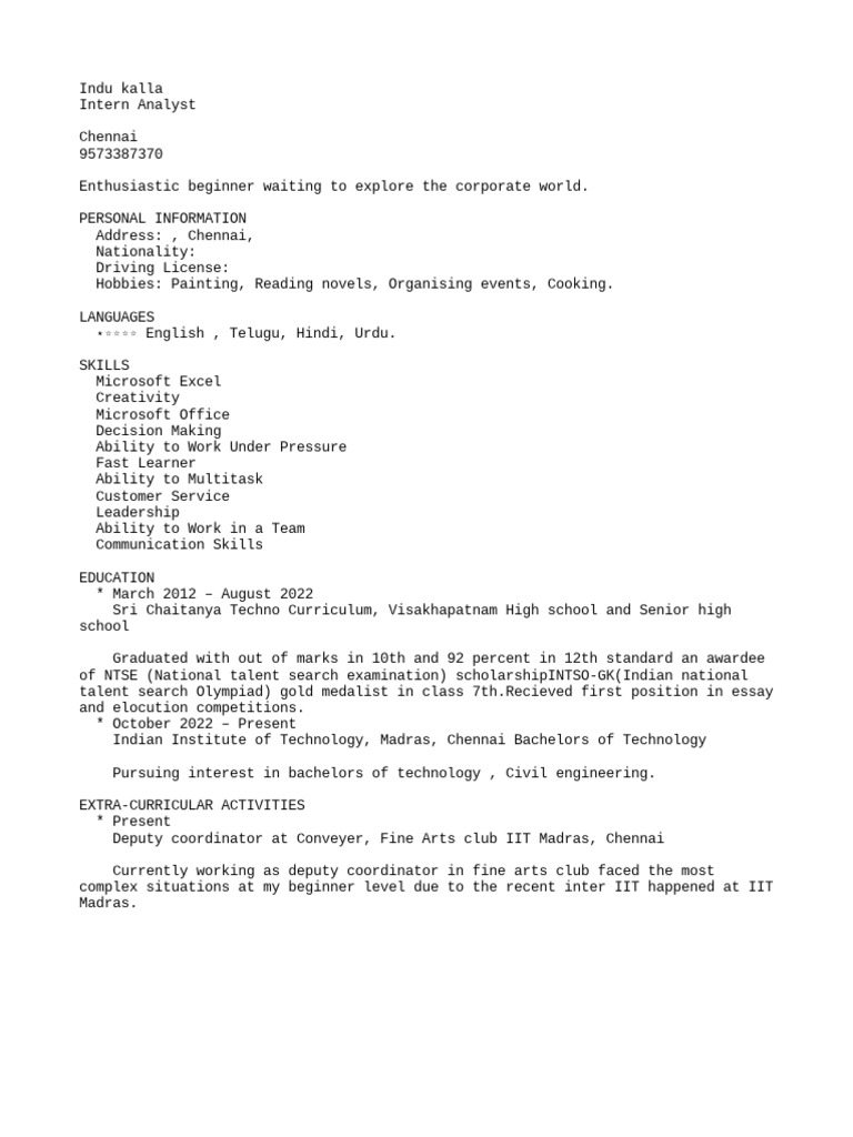 Indu Kalla - Resume - Intern Analyst | PDF