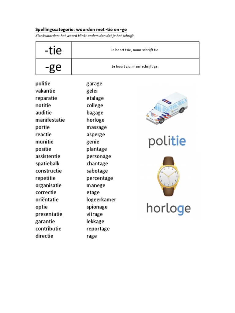 Spellingscategorie Woorden Met - Tie en - Ge | PDF