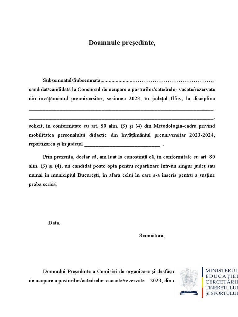 2023 Cerere Solicitare Repartizare Alt Judet | PDF