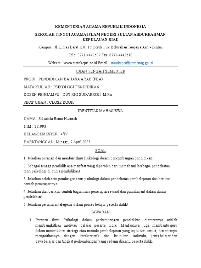 UTS PSIKOLOGI PENDIDIKAN - Salsabila Rama Husniah PBA | PDF | Karier & Perkembangan | Kesehatan ...