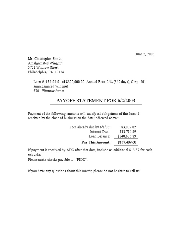 Payoff Statement Letter | PDF