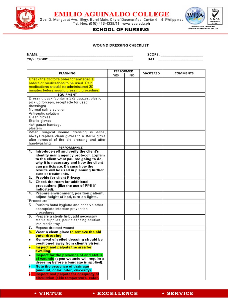 Wound Dressing Procedure Checklist | PDF | Wound | Public Health