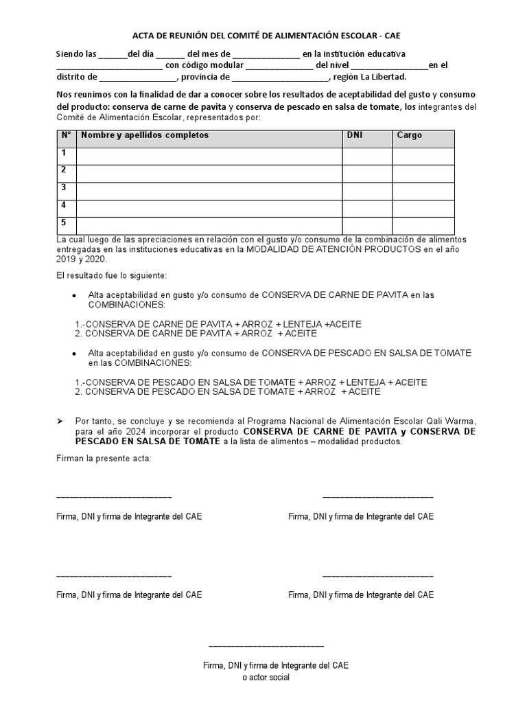 ACTA de REUNIÓN DEL CAE - Pavita y Pescado en Salsa de Tomate | PDF