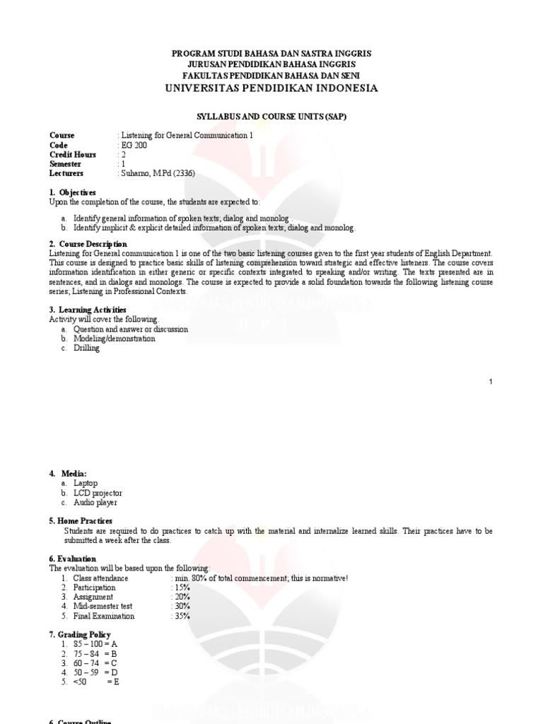 Syllabus and Course Units Listening For | PDF | Vocabulary | Lecture