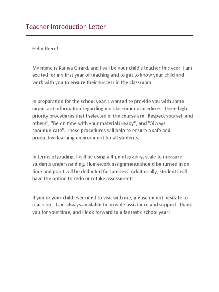Teacher Introduction Letter | PDF