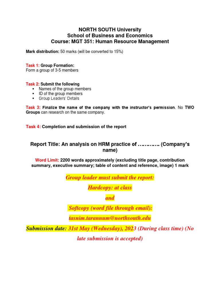 MGT351 HRM Project Guideline | PDF | Human Resource Management | Turnitin