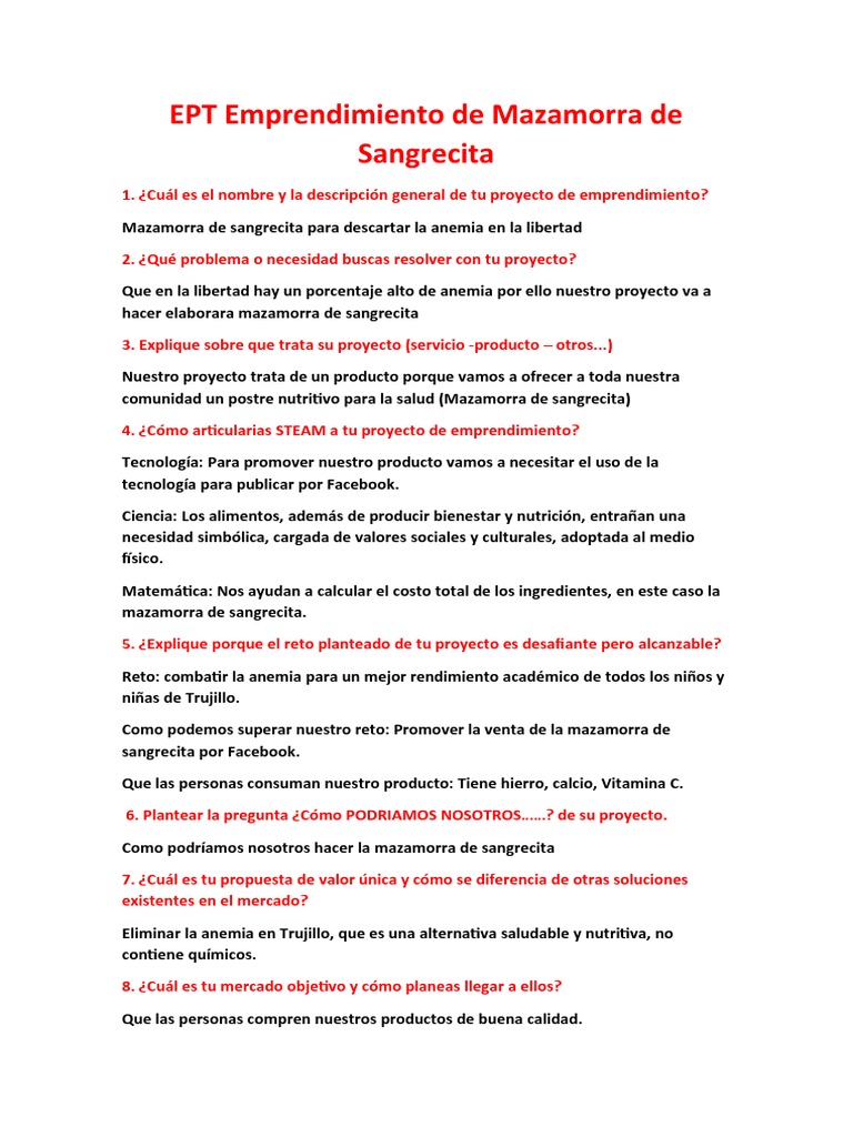 EPT Emprendimiento de Mazamorra de Sangrecita | PDF