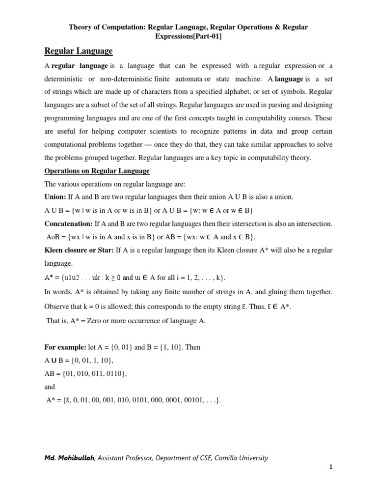 Regular Language: Md. Mohibullah, Assistant Professor, Department of CSE, Comilla University | PDF