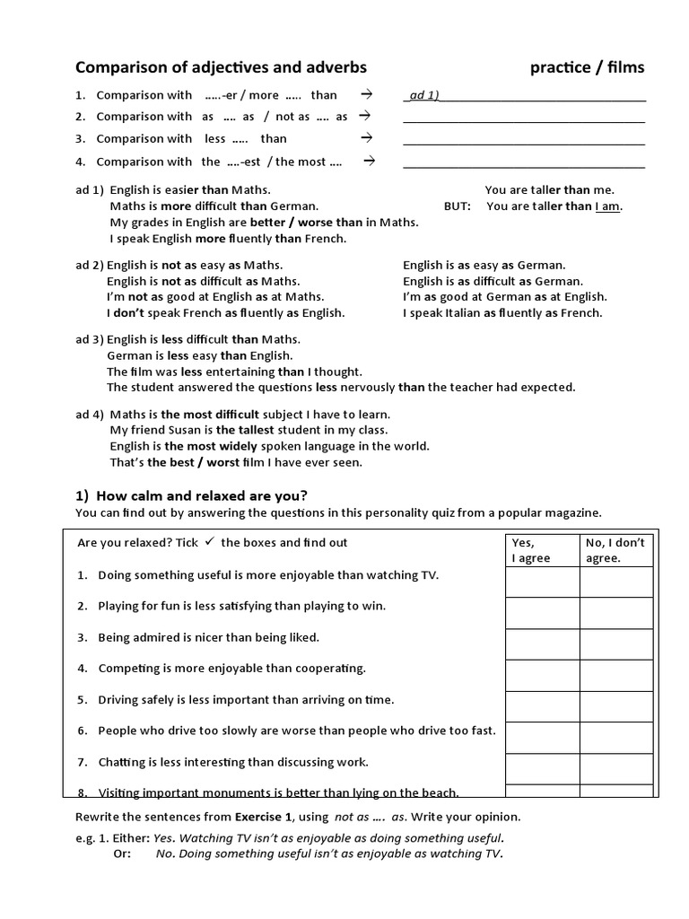 Comparison of Adjectives and Adverbs - Practice 1 | PDF