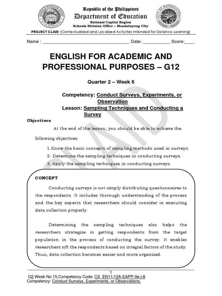 Eapp 2ND QTR Week 3.1 | PDF | Sampling (Statistics) | Survey Methodology