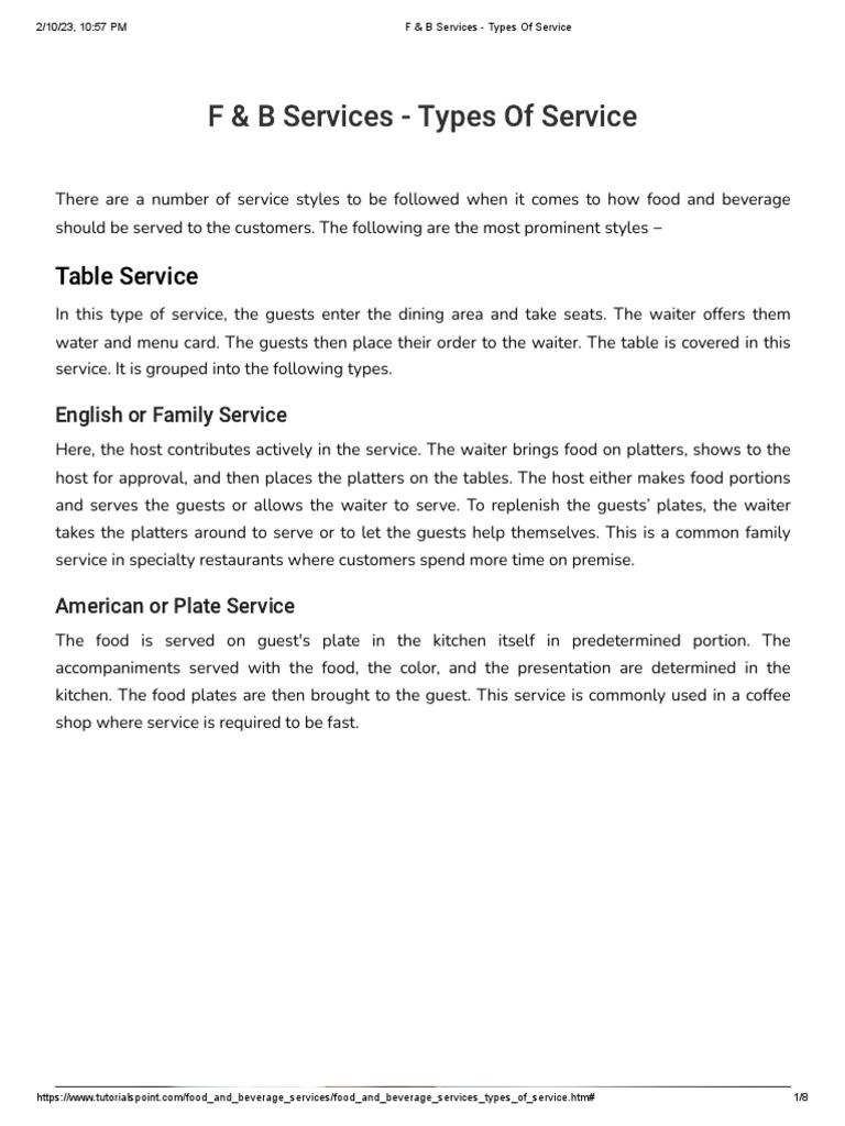 F & B Services - Types of Service | PDF