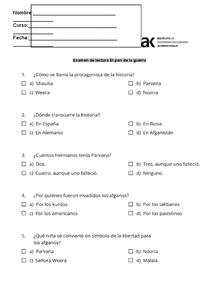 Examen de Lectura El Pan de La Guerra | PDF