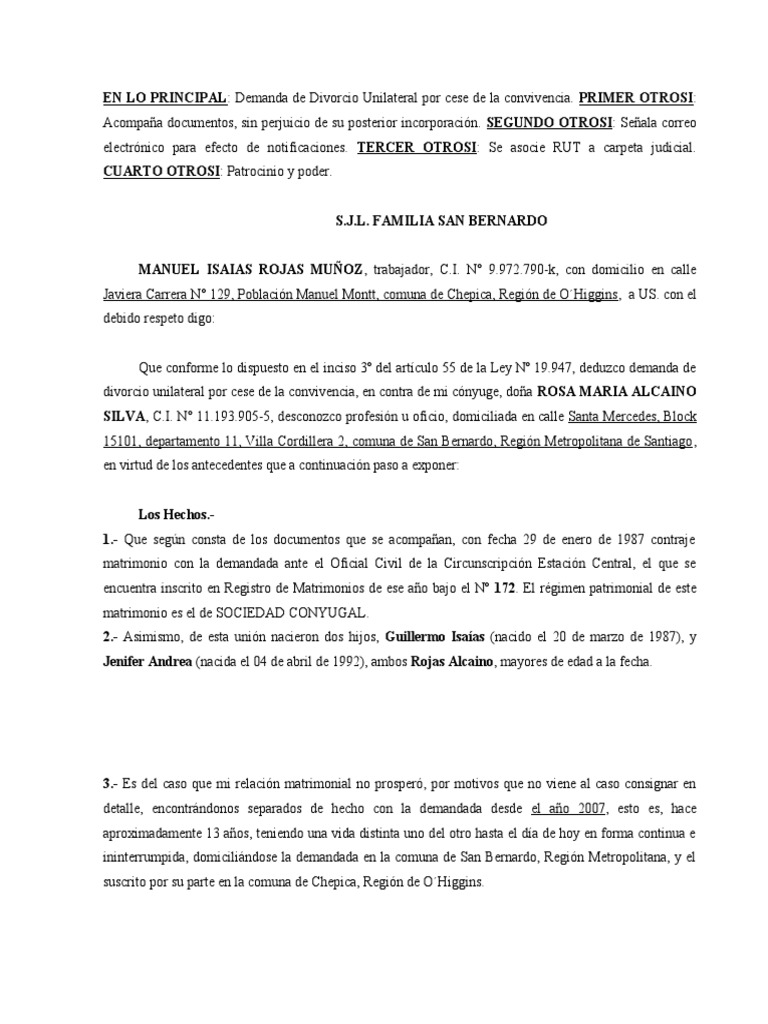 Demanda de Divorcio Unilateral en Chile | PDF