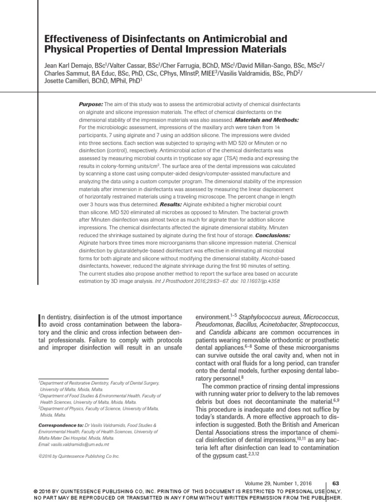 Effectiveness of Disinfectants On Antimicrobial and Physical Properties ...