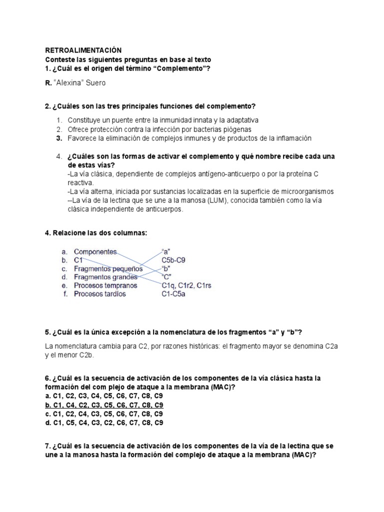 Preguntas Sistema Complemento | PDF