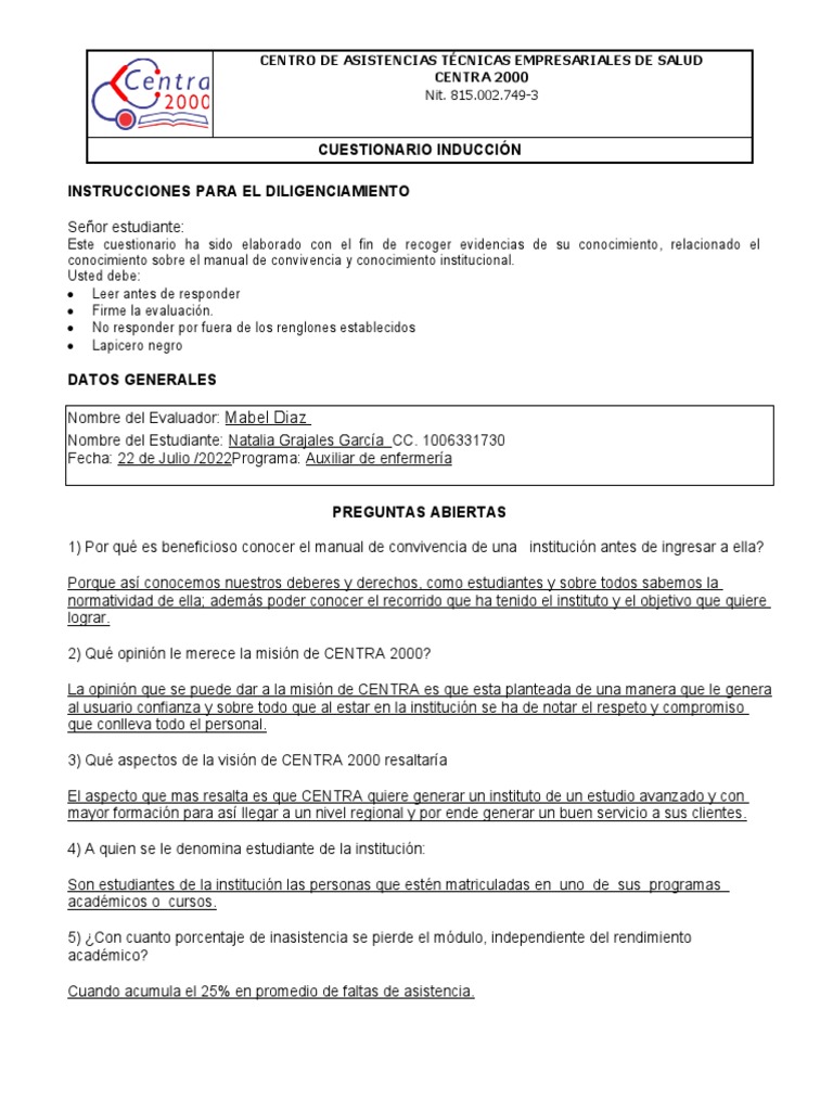 Cuestionario Modulo Induccion | PDF | Institución