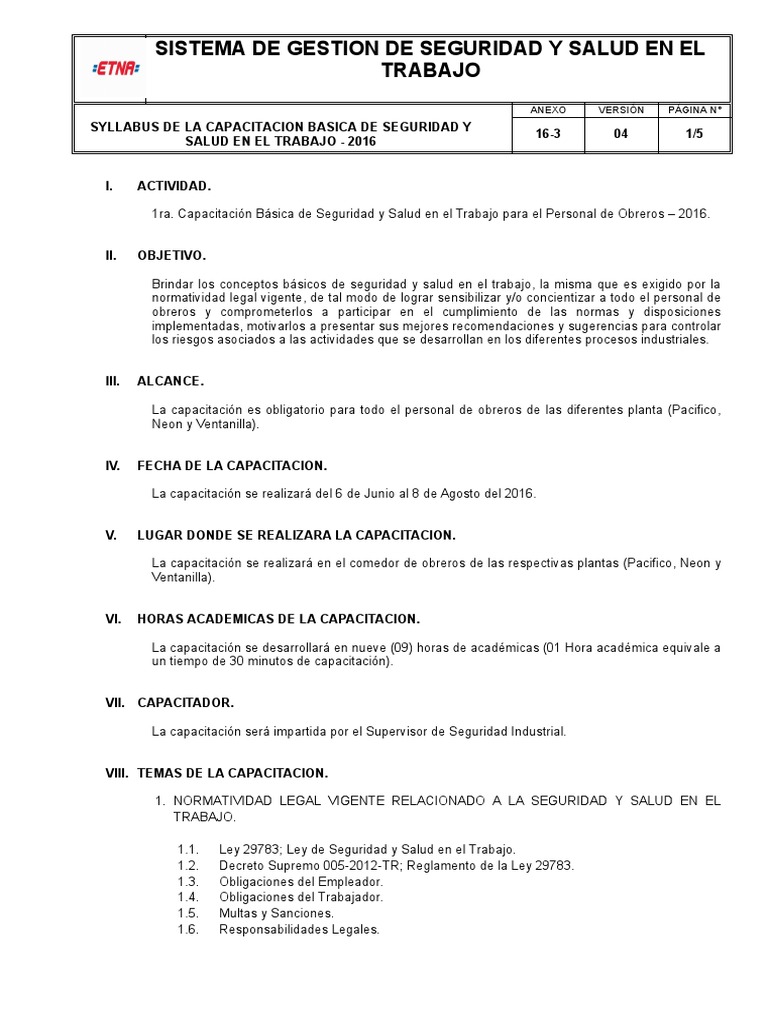 Anexo 12-3a - Syllabus de La Capacitacion Basica de Seguridad y Salud ...