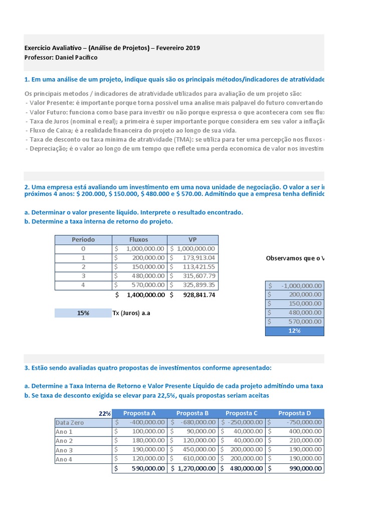 Exercicio Avaliativo Analise de Projetos - Nat | PDF