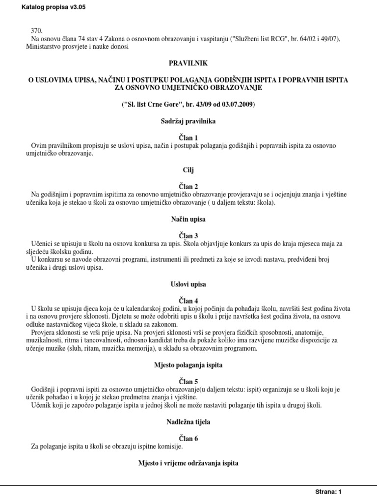 Pravilnik o Uslovima Upisa, Nacinu I Postupku Polaganja Godišnjih I Popravnih Ispita Za Osnovno ...