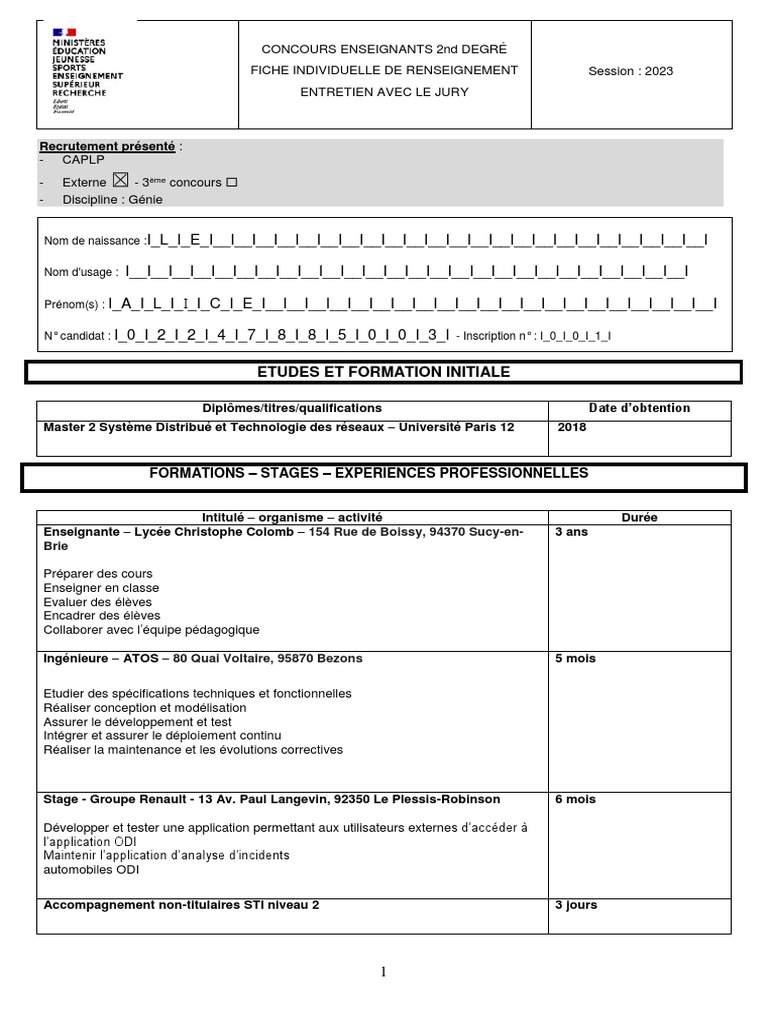 Fiche Individuelle de Renseignement | PDF