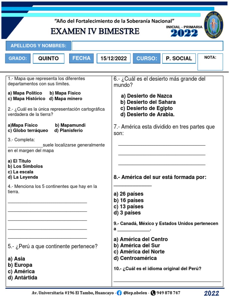 Examen P.social 5to | Descargar gratis PDF | Mapa | Américas