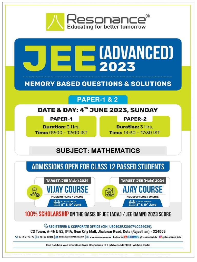 Jee Advanced 2023 Paper 1 2 Mathematics Pdf