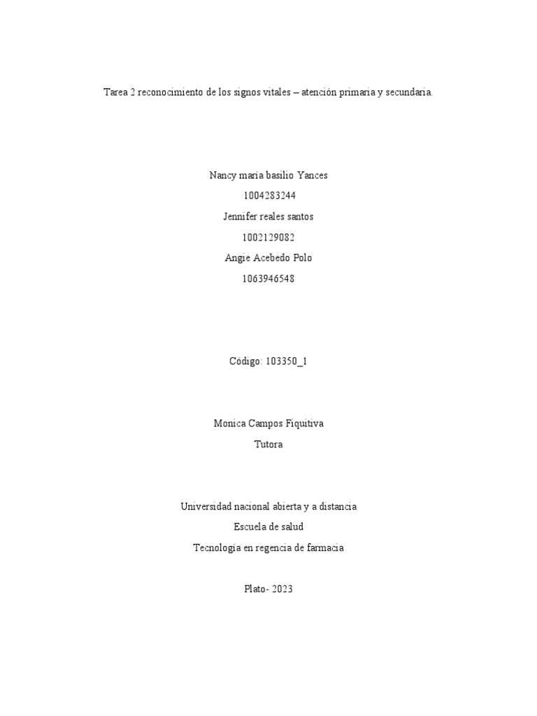 Copia de Tarea 2 Reconocimiento de Los Signos Vitales (1) R | PDF Copia de Tarea 2 Reconocimiento de Los Signos Vitales (1) R | PDF
