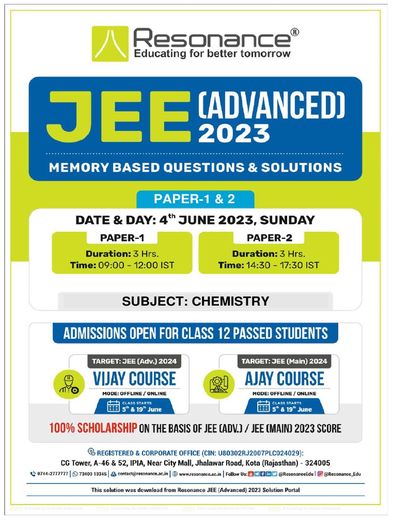 JEE Advanced 2023 Paper-1 & 2 Chemistry | PDF